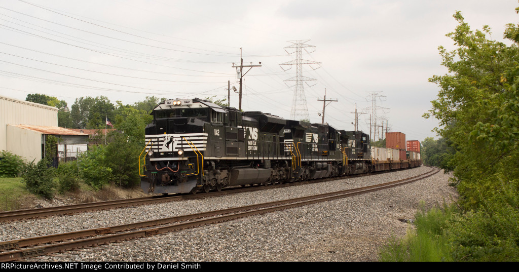 NS 1142 leads the big 215 intermodal eastbound at Sharon Road.